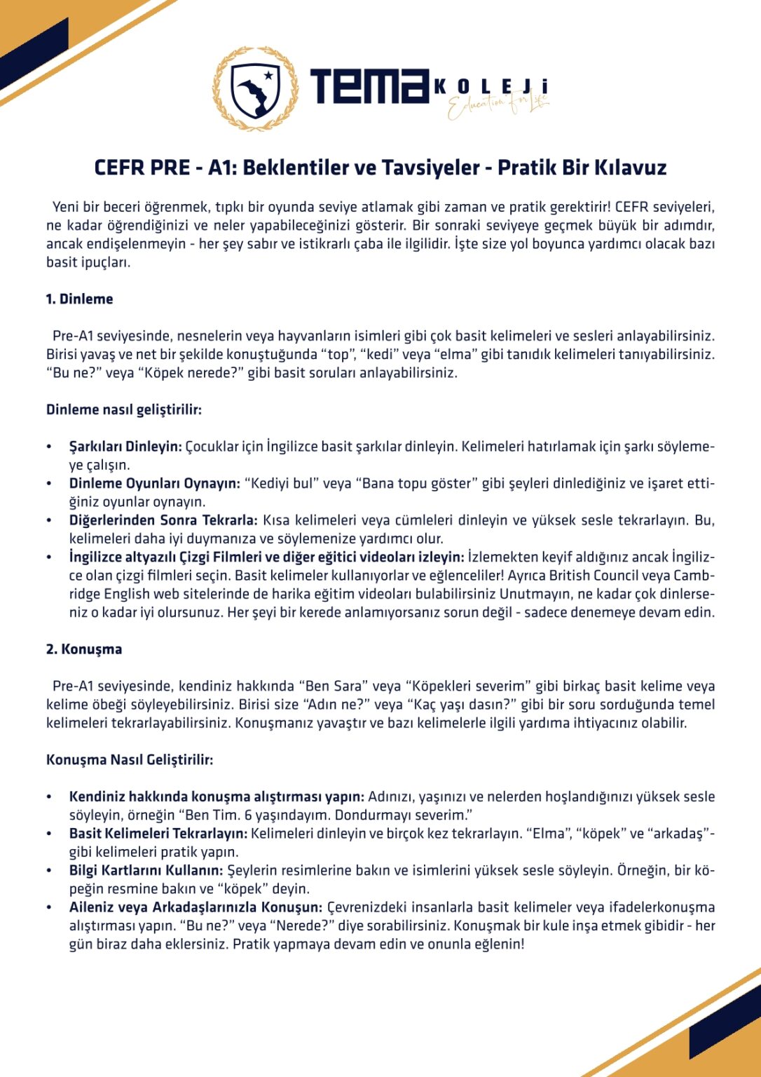 İngilizce Kindergarten CEFR Level Pre-A1 - Tema Koleji